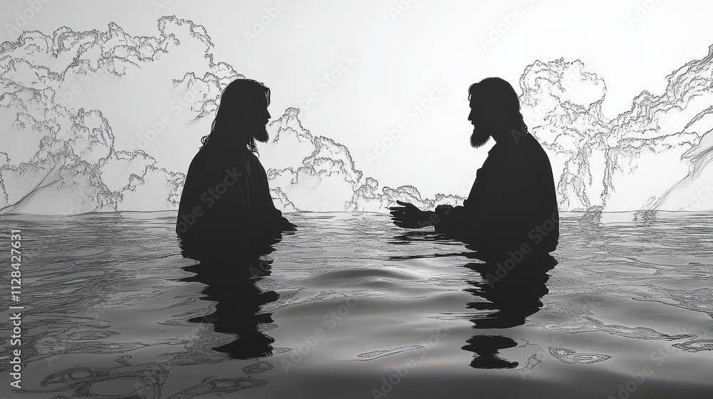 continuous one line drawing of jesus is baptized by john the baptist in the jordan river digital ...