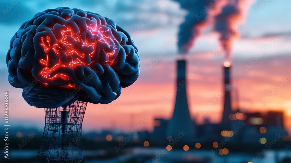 An electric brain is depicted with glowing patterns, juxtaposed with ...