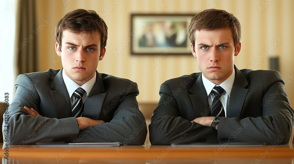 Identical twins in business attire express serious demeanor during a ...