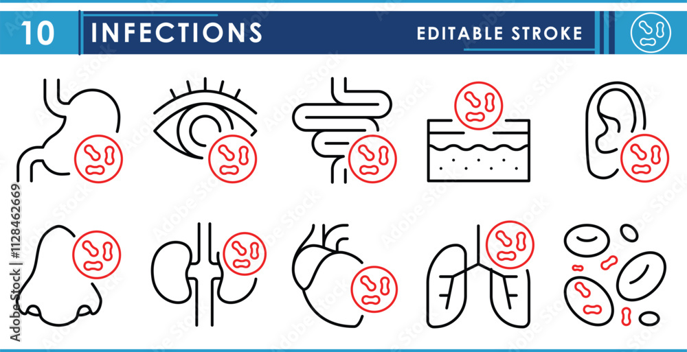 A set of line icons related to Infections on various organs. Stomach ...