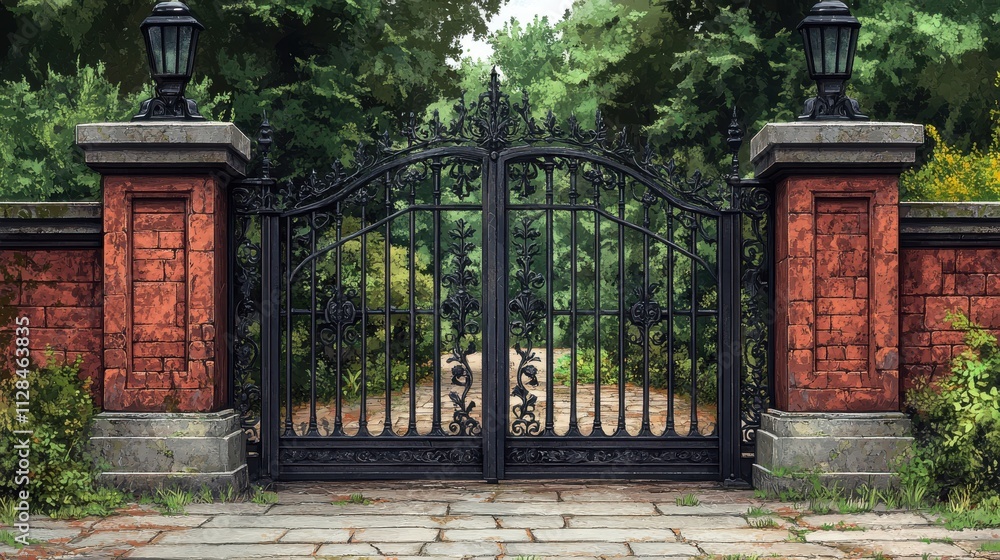 gothic style iron gate brick wall stone column and ornate steel mansion ...