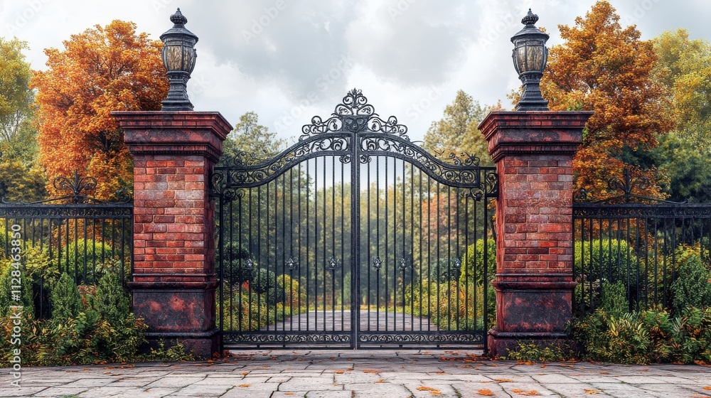 gothic style iron gate brick wall stone column and ornate steel mansion ...