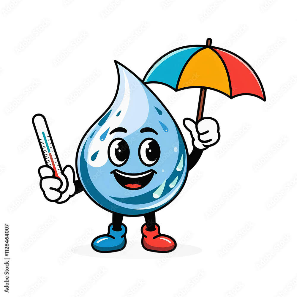 Fun water drop with umbrella and thermometer on transparent background ...
