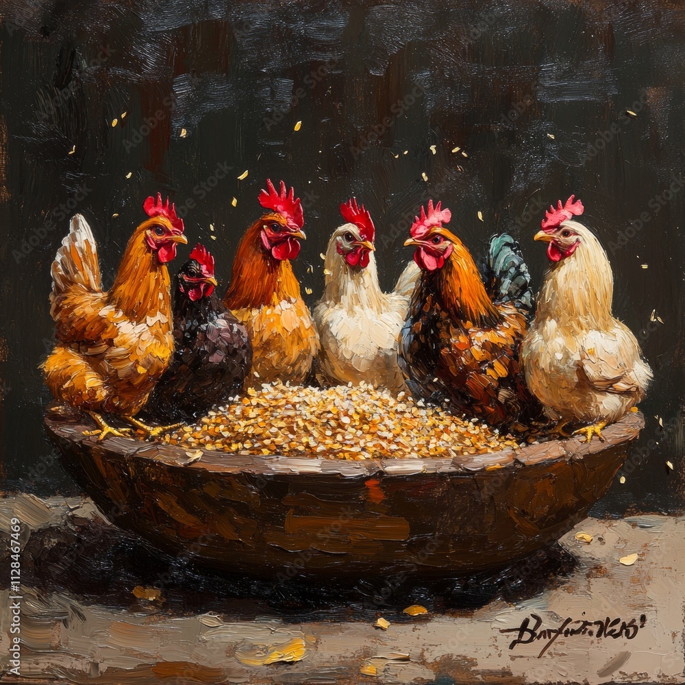 Chickens of diverse breeds feasting on mixed grains from a rustic ...