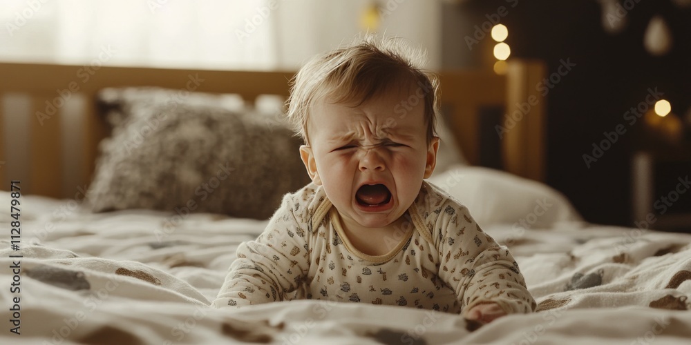 Crying baby on a bed experiences colic pain. The distressed baby shows ...