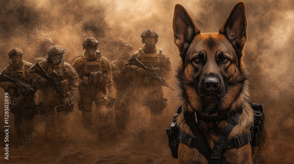 German Shepherd dog in tactical vest, soldiers in background, dusty ...