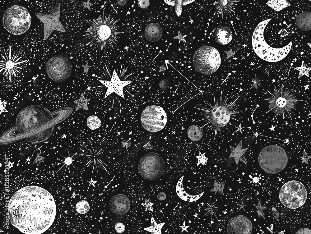 Black and white celestial pattern featuring stars, moons, planets ...
