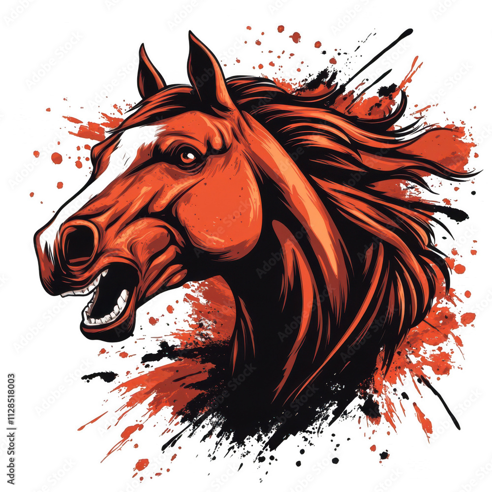 Horse head vector logo design, with an angry expression and colorful paint splash illustration ...