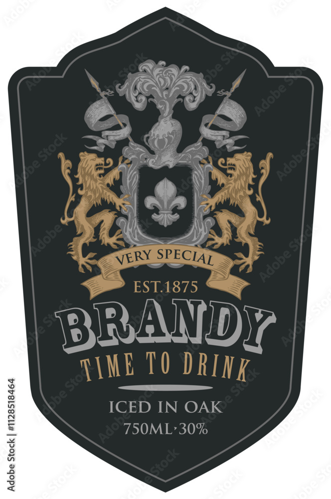 Hand-drawn banner or label for Brandy with coat of arms on an old paper ...