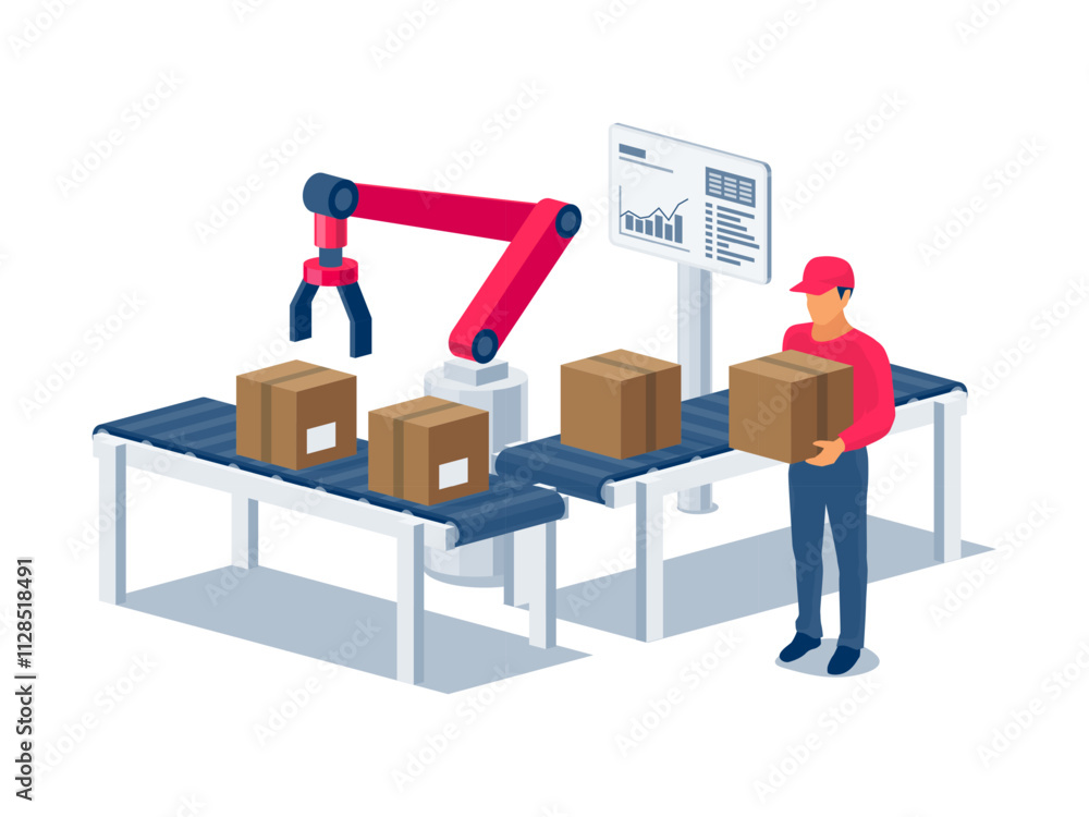 Assembly line industrial robot manipulating with parcel on conveyor ...