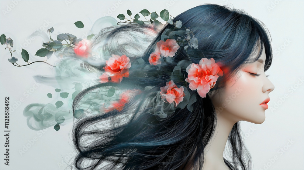 A human figure with long flowing hair, where each strand is replaced by ...