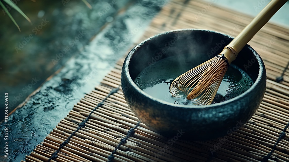 A focused shot of a chasen whisk resting inside a traditional matcha ...