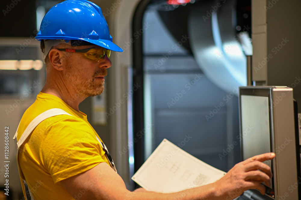 Industrial engineer managing a cnc milling machine using a computer ...