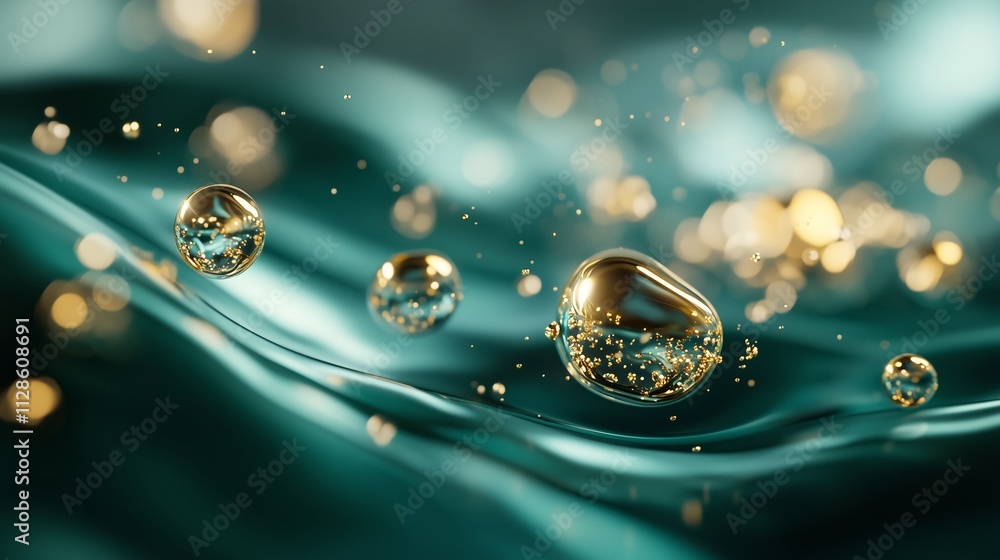Droplets of water with golden highlights floating on a tranquil surface ...