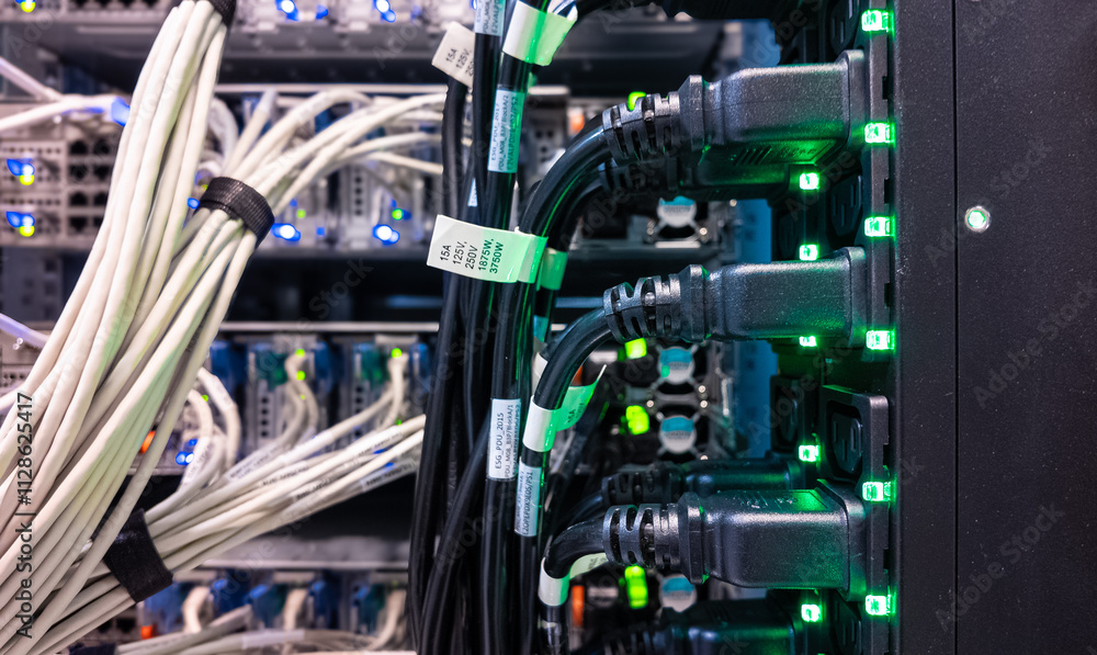 Network server cables and connections illuminated in data center at ...