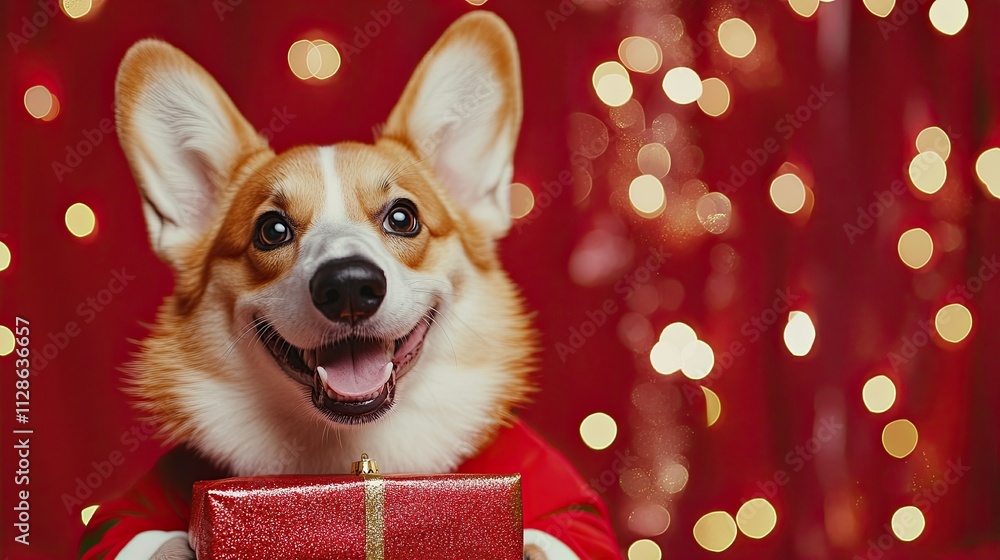 corgi dog. with a gift in hand. beautifully packaged box. huge smile ...