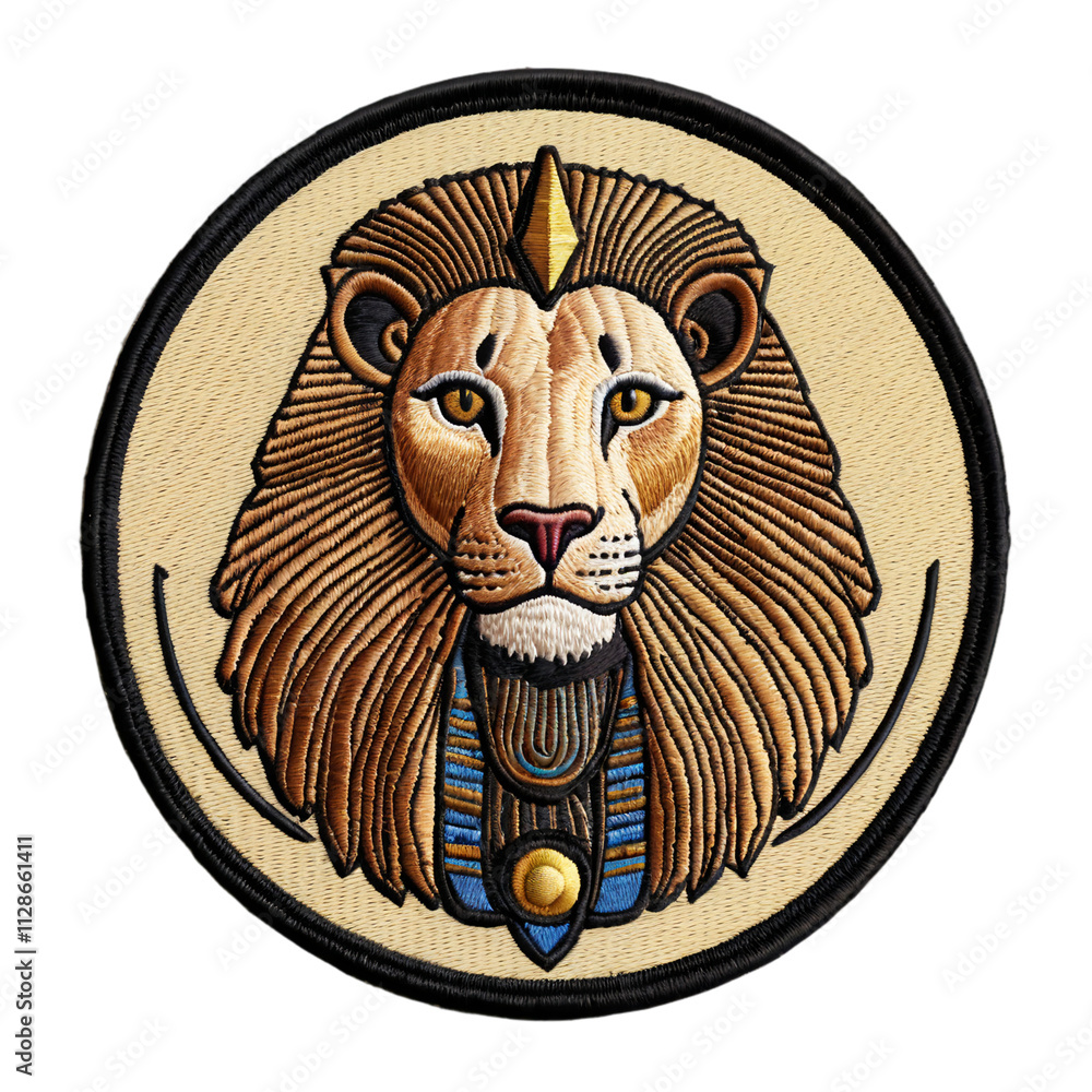 Elegant embroidered lion patch with an Egyptian-inspired design ...