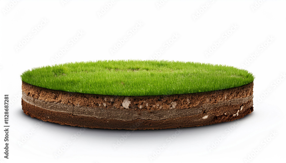 3D Illustration, round soil ground cross section with earth land and ...