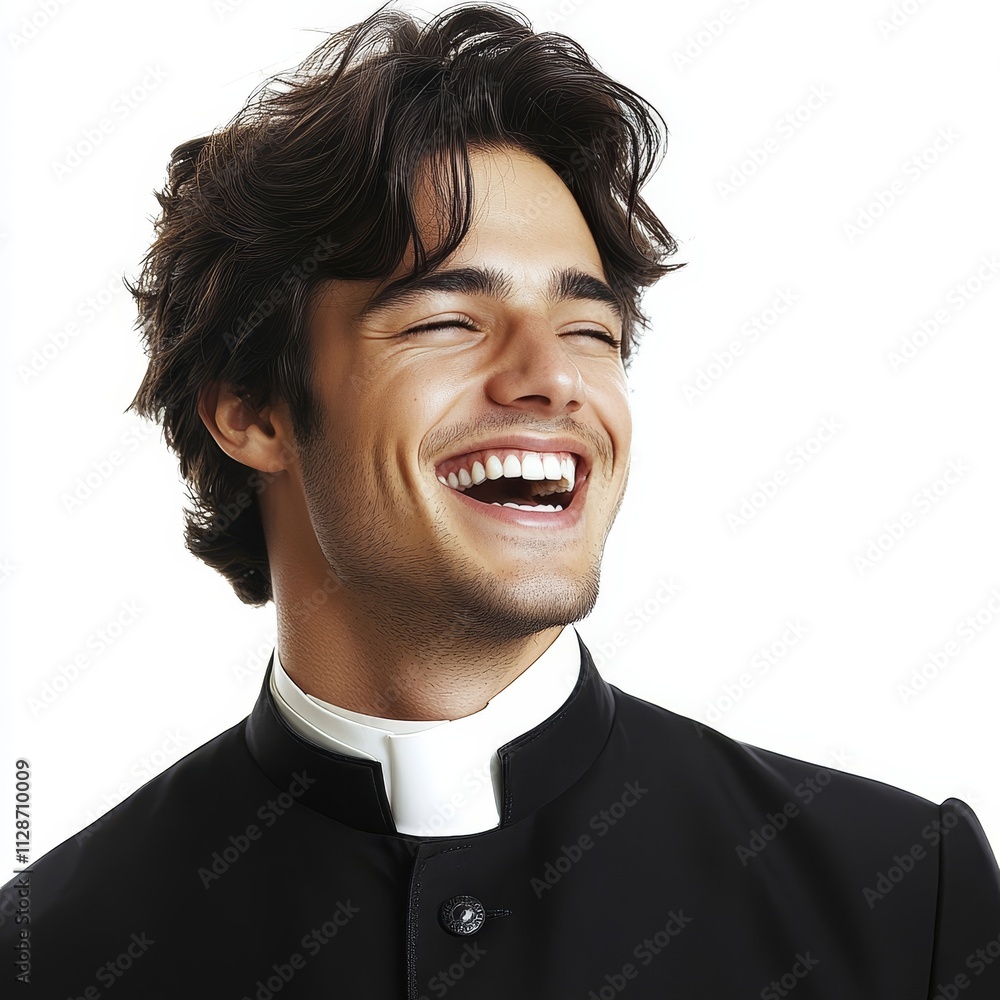 Smiling priest isolated on white background, representing religious ...