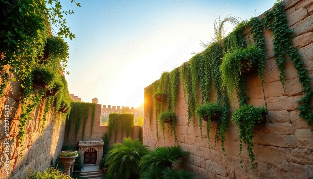 Hanging gardens of Babylon with cascading plants draping over ancient ...