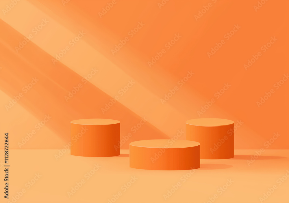 3 orange pedestals on an empty background. light rays from the right ...