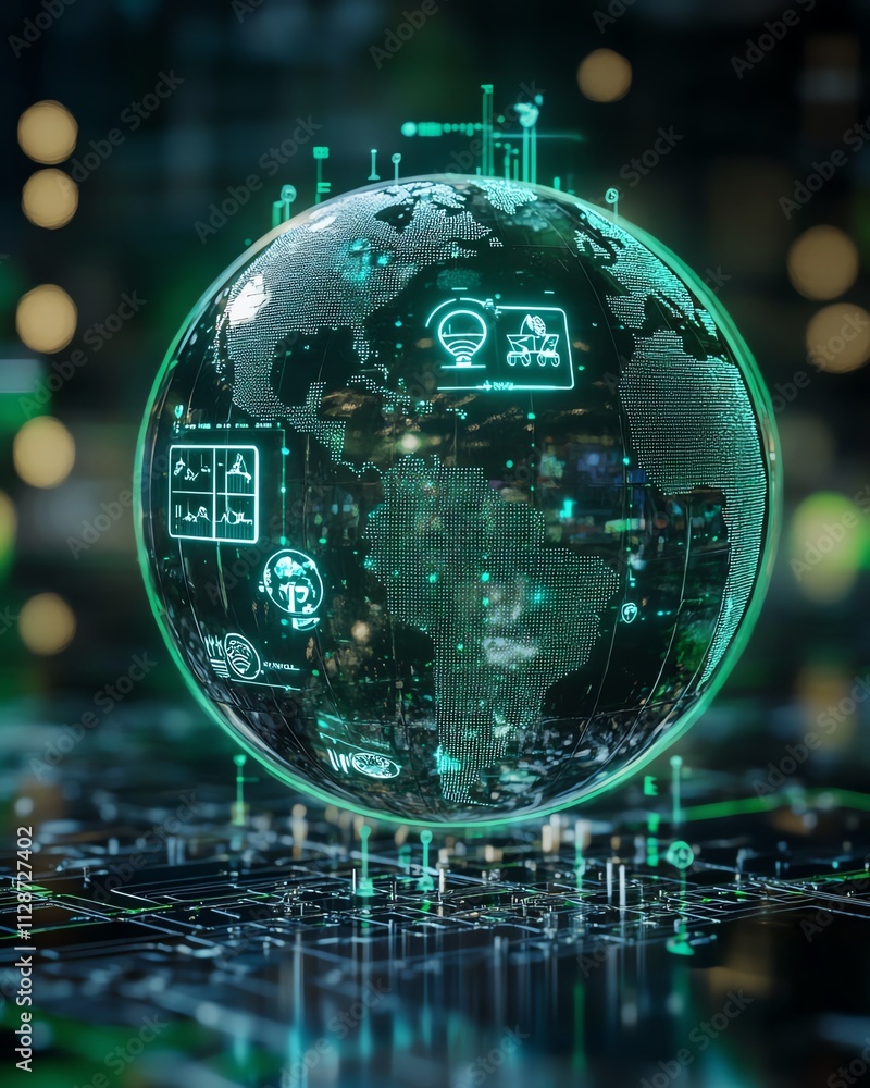 Crystalclear globe with H2 icons, futuristic ecoindustrial backdrop ...