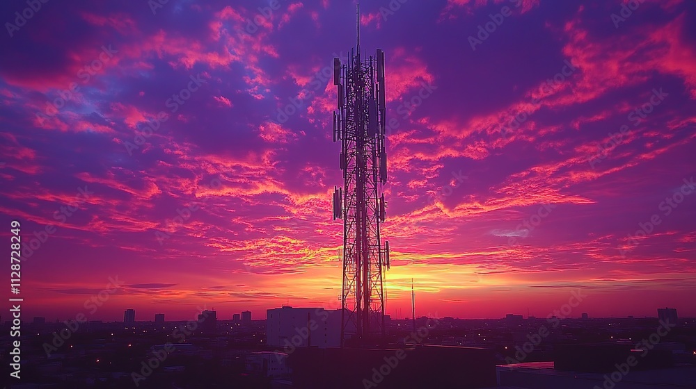 Telecommunications tower at sunset, vibrant sky with purple and orange ...