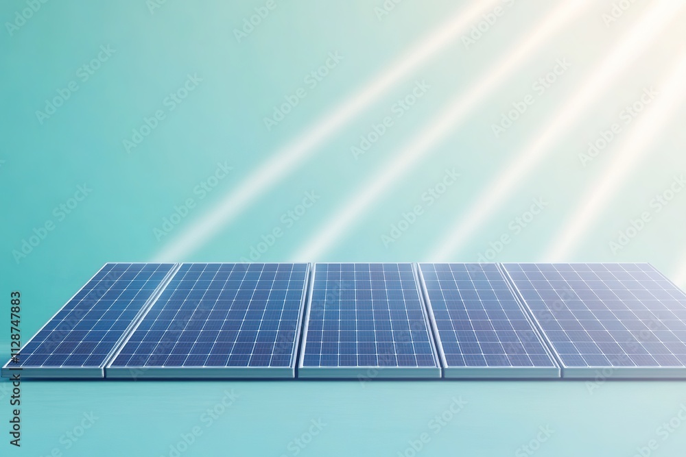 glowing 3d representation of solar panel with beams of light radiating ...