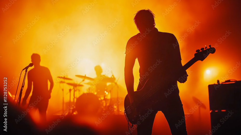 Blurred background light on rock concert with silhouette of musicians ...