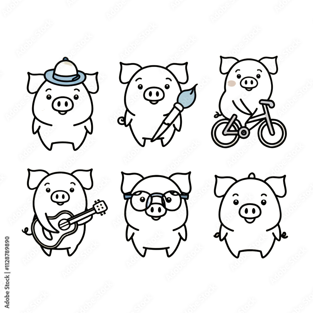 set of six pig clip art line drawing illustration cartoon isolated on ...