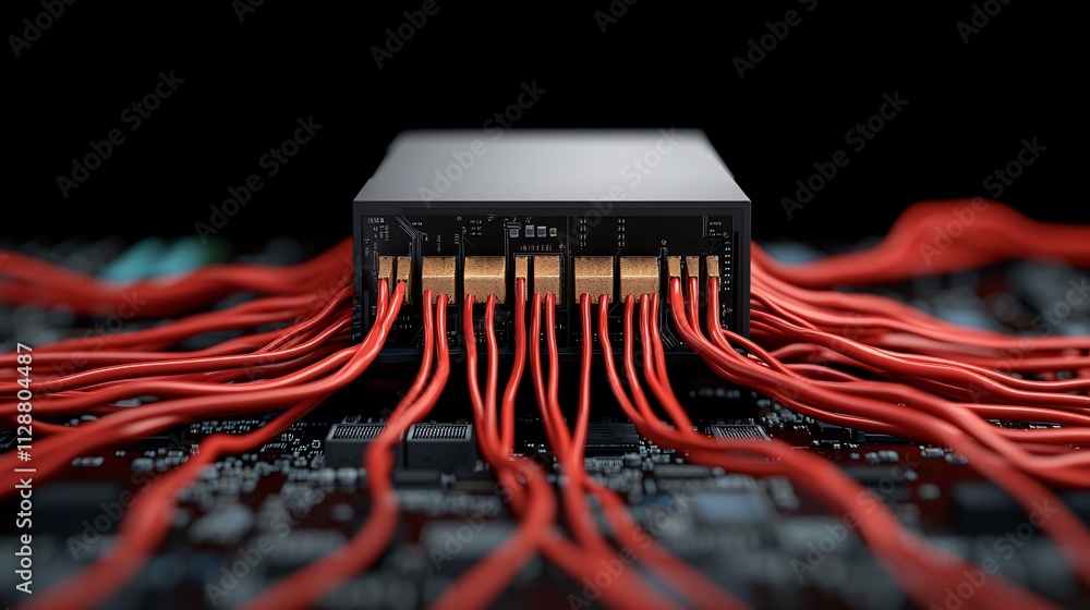Fiber optic data system concept. A close-up view of a microchip with ...
