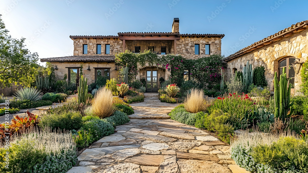 Rajasthan desert garden with sandstone walls and flowering cacti ...