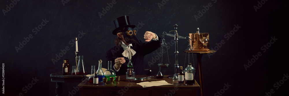 Banner. Man, plague doctor experimenting and keeps track of time in ...