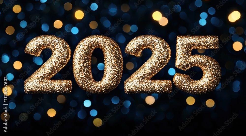 Sparkling golden numbers 2025 on a blurred background with blue and ...