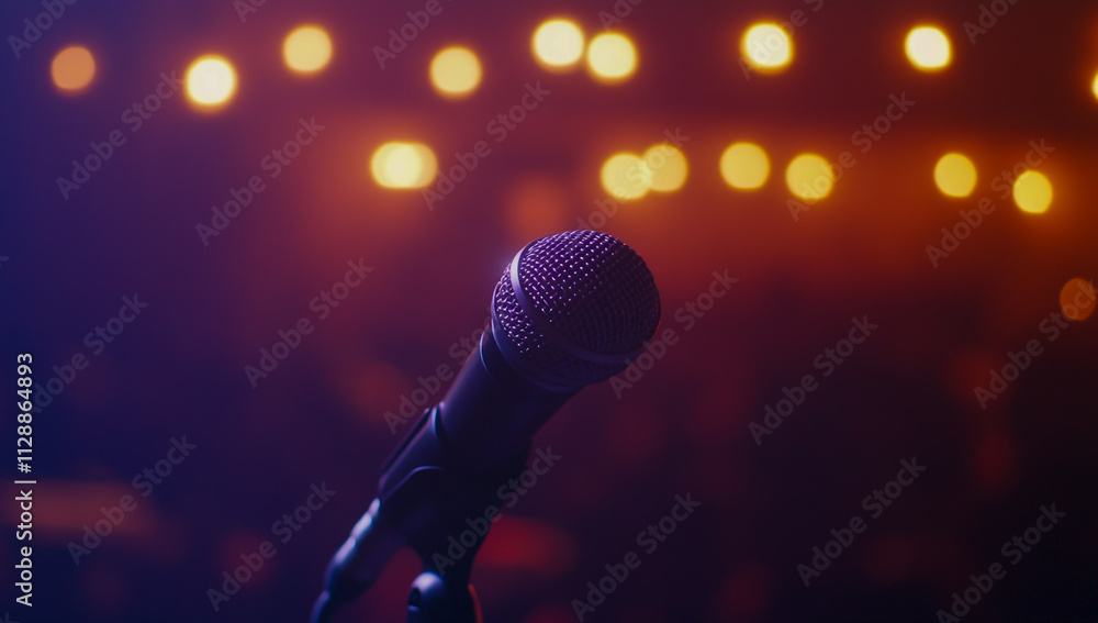 Image of a microphone on stage with a live audience in the background ...