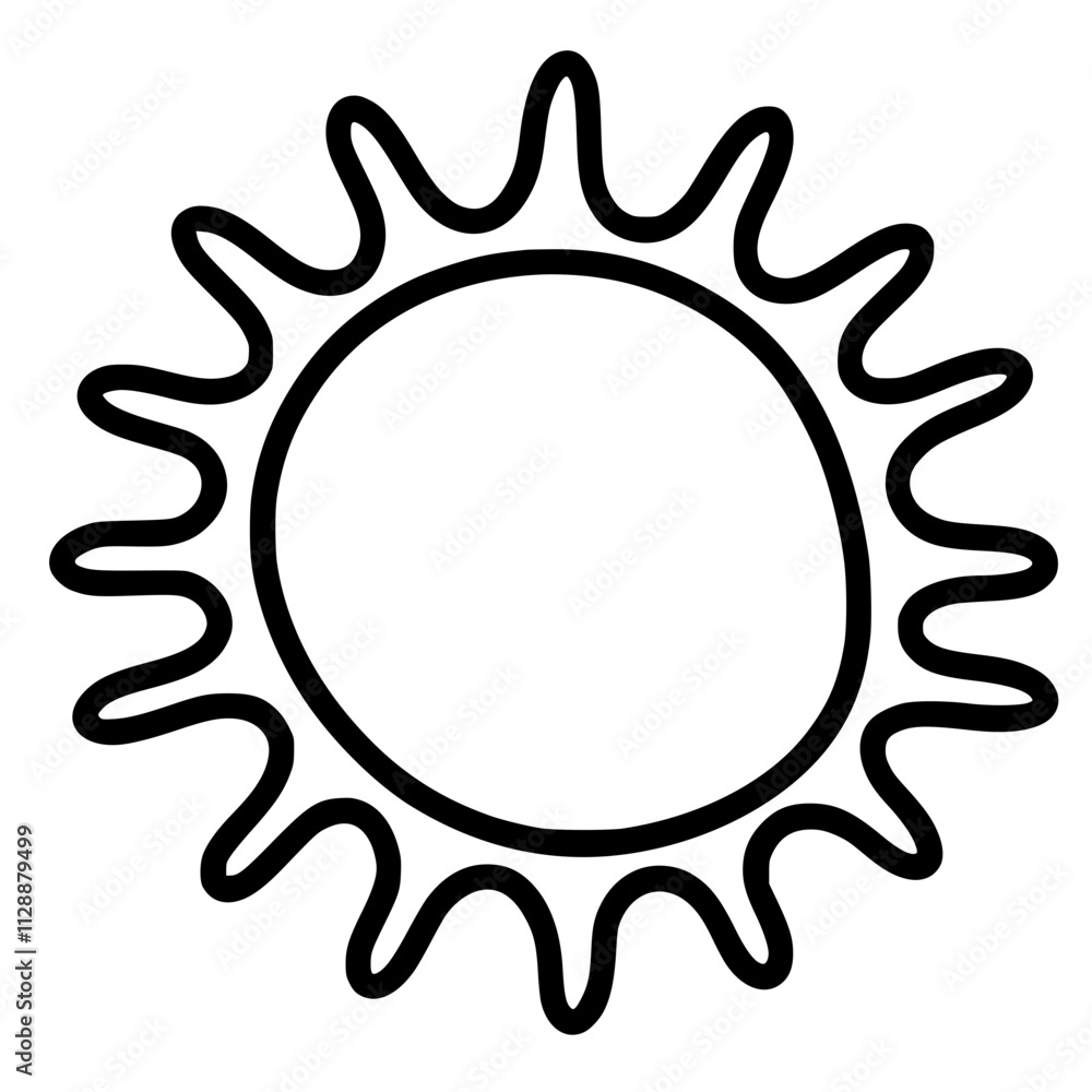 Hand-drawn doodle of a sun with wavy rays in black and white line art ...