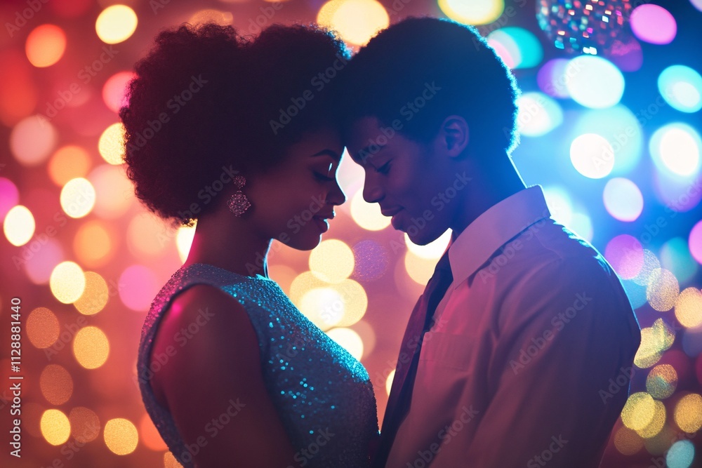 A teenage Black couple dressed in 1950s prom clothing, dancing a slow ...