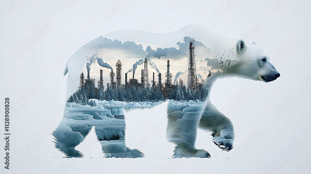 Double exposure of a polar bear with factory pollution overlay ...