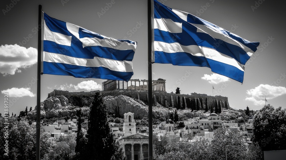 Greek National Flags Waving Proudly Over the Iconic Acropolis of Athens ...
