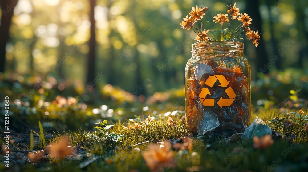 Positioned in front of a verdant forest, this glass jar featuring the ...