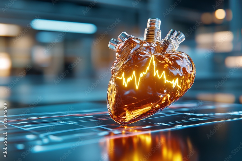A realistic depiction of an EKG graph overlaying a 3D model of a ...