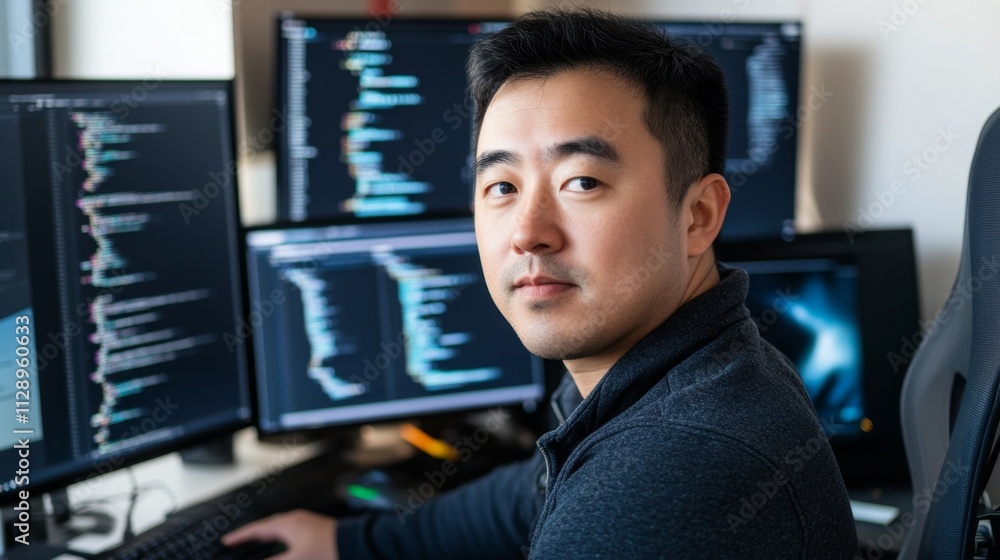 Tech professional working on coding project at home office with multiple screens focused ...
