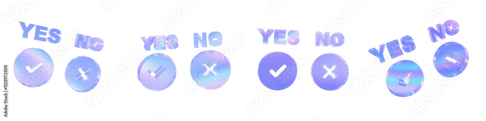 Set of 4 3d glass yes no buttons with text shape with aberration effect ...