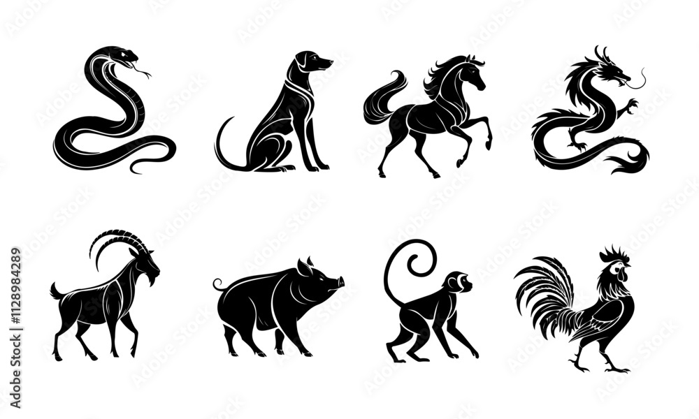 Chinese Zodiac Silhouette Vector Set: Snake, Pig, Monkey, Rooster ...