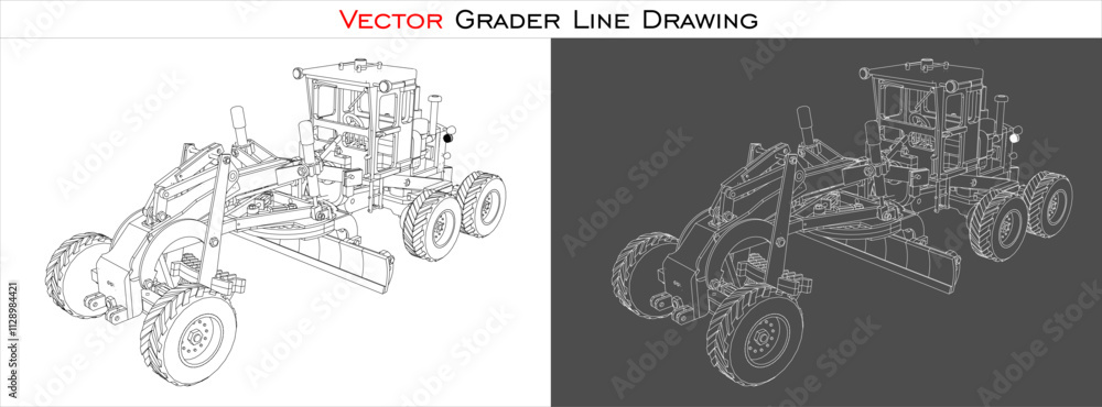 grader line drawing vector. front view technical blueprint wireframe ...