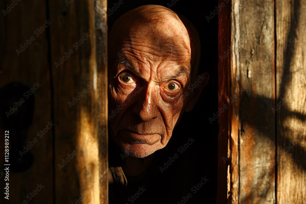 Gaunt elderly man with wrinkled bald head, dim light casting long eerie ...