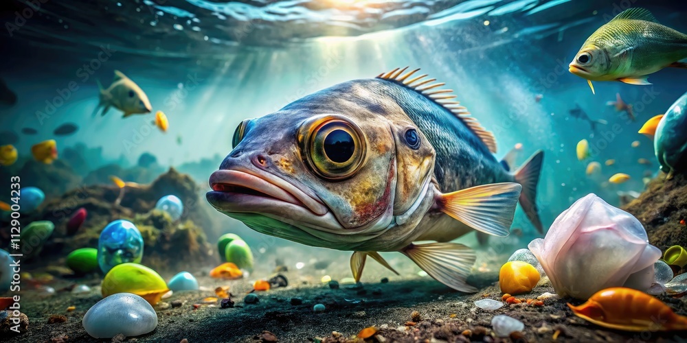 Sad fish amidst plastic waste depict the tragic reality of underwater ...