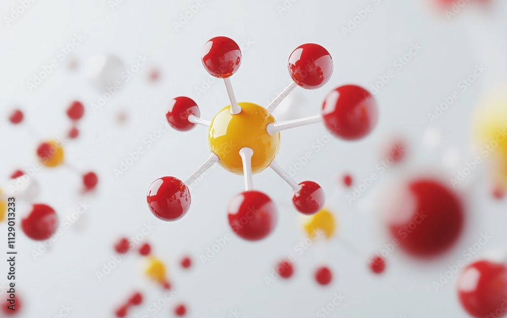 A 3D-rendered red and yellow model of a molecule with a shooting effect ...
