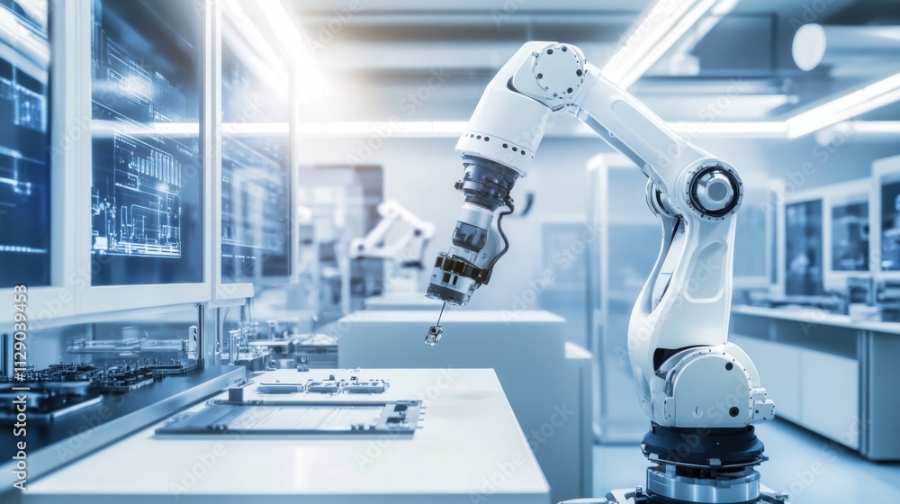 A robot conducting automated quality checks in a sleek, high-tech ...