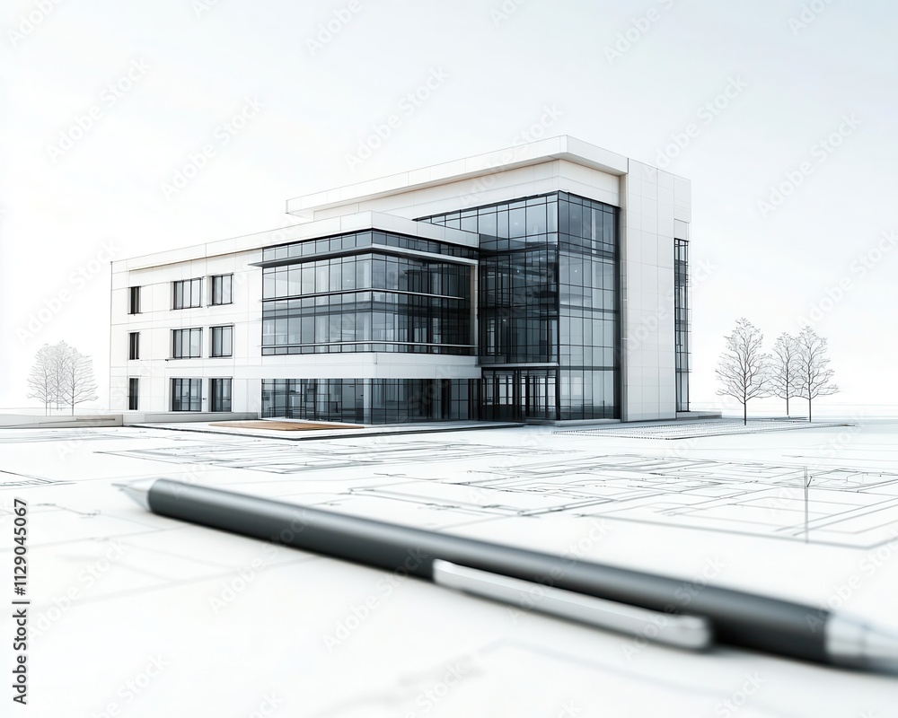 Contemporary office building, blueprint format, sleek and modern, clean ...
